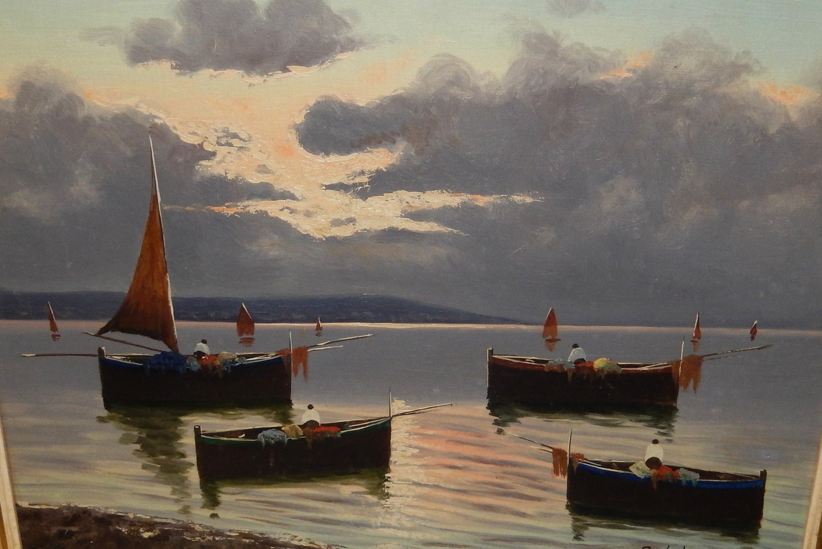 LUIGI SANDINI THAILAND FISHERMAN BOATS ORIGINAL OIL ON CANVAS SEASCAPE ...