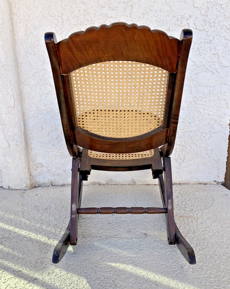 Vtg Victorian Style Rocking Chair Folding WOOD And CANE Carved Floral ...