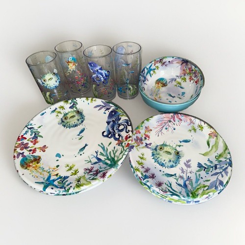 Rare! SET Pier 1 Octopus Jellyfish Marine Life Melamine Plates, Cups ...