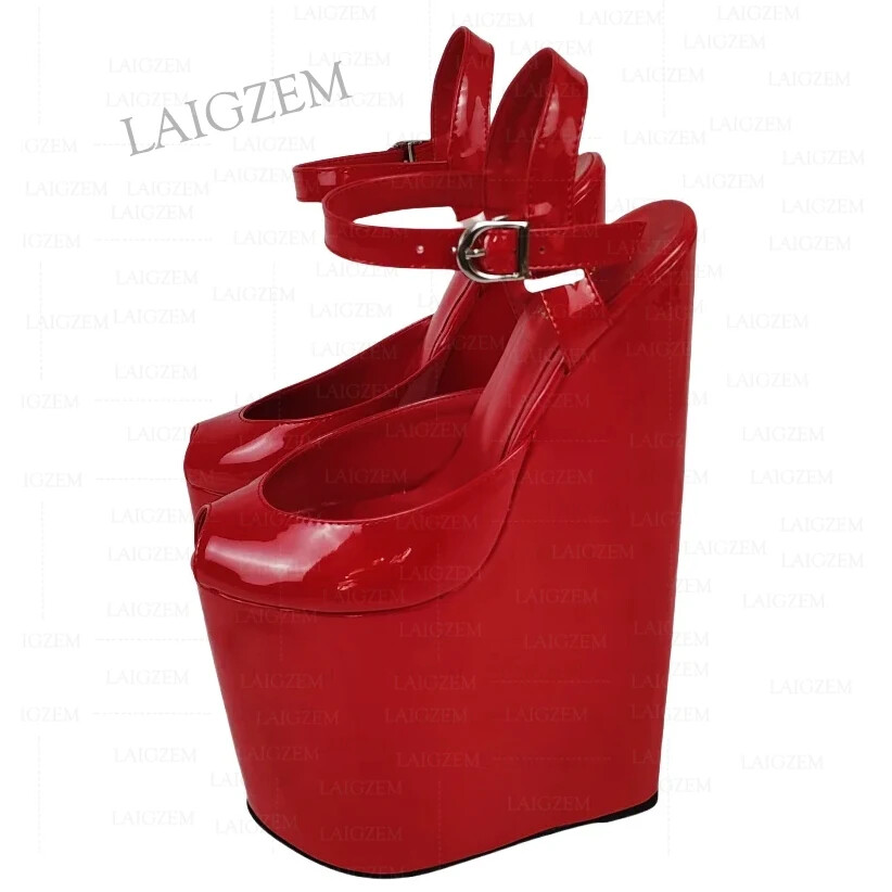 Women Sandals Platform Wedges Peep Toe 25CM High Heels Ladies Shiny ...
