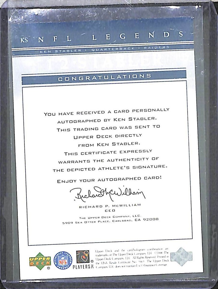 2000 Upper Deck NFL Legends Autograph #KS Ken Stabler | eBay