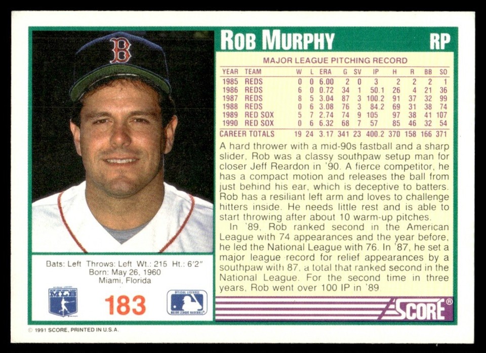 1991 Score #183 Rob Murphy Boston Red Sox | eBay