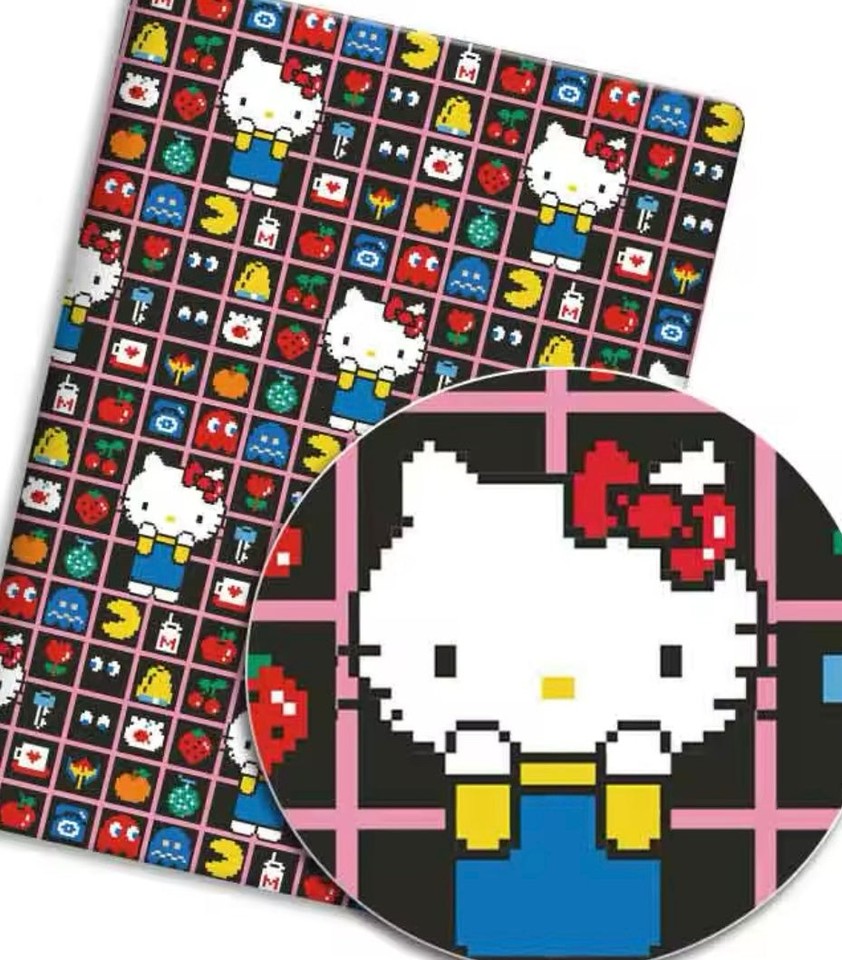Pacman pixelated Hello Kitty cat game polyCotton Fabric Half Yard (18 ...