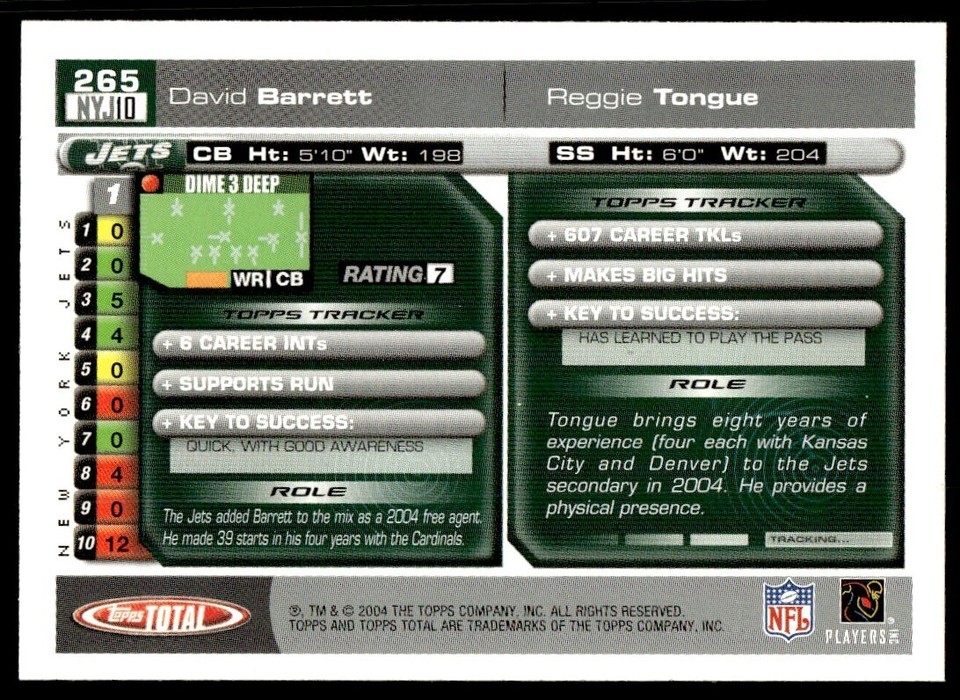 2004 Topps Total David Barrett/Reggie Tongue New York Jets #265 | eBay