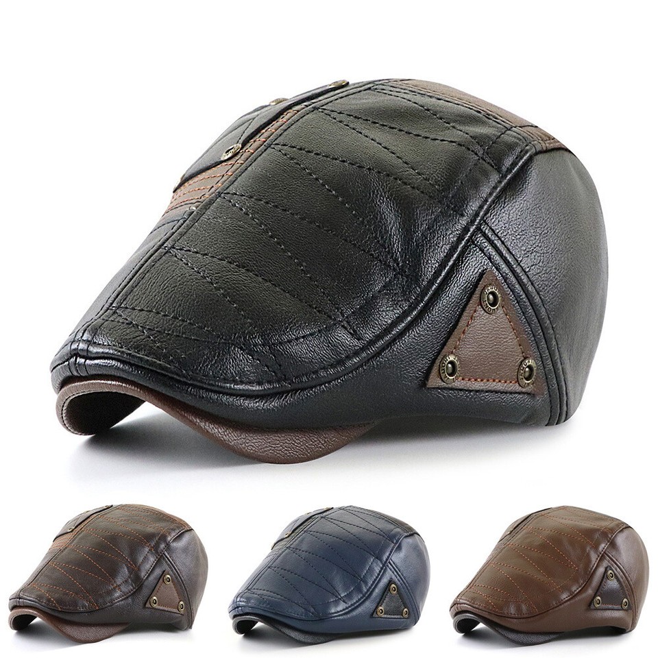 Men Beret Hat Leather Cap Newsboy Gatsby Flat Cap Ivy Golf Driver Cap ...