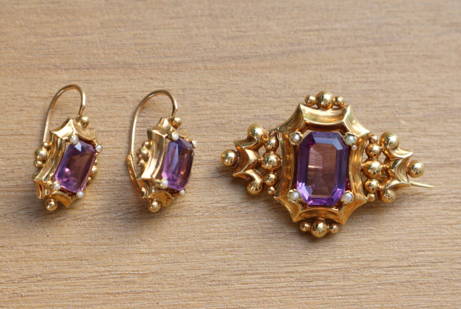 Antique Victorian French 18k Gold Amethysts Pearls Earrings & Brooch ...