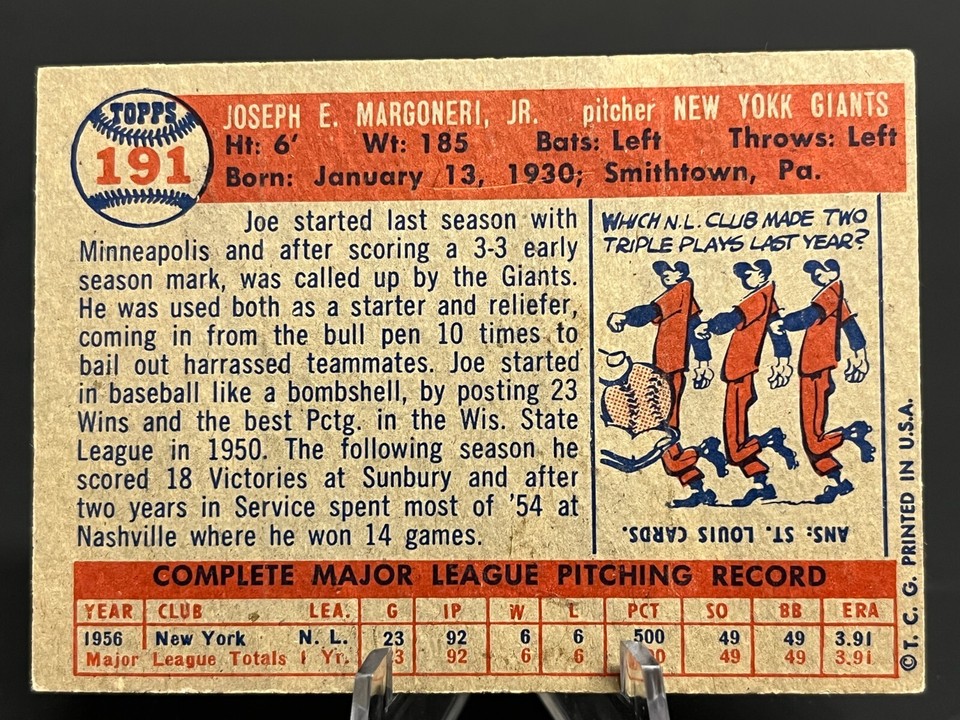 1957 Topps Baseball Card Joe Margoneri #191 Ex-Exmt Range KB | eBay