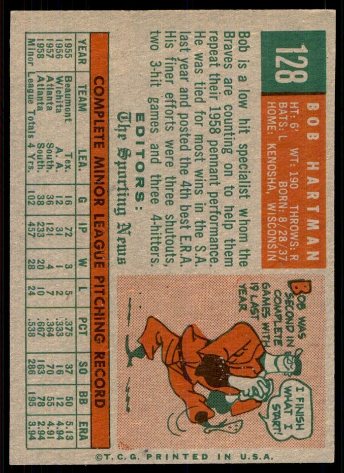 1959 Topps Bob Hartman 100 Baseball Cards #128 | eBay