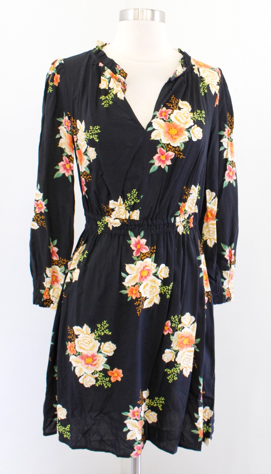 NWT Ann Taylor Loft Black Bouquet Floral Smocked Dress Ruffle Neck Size ...