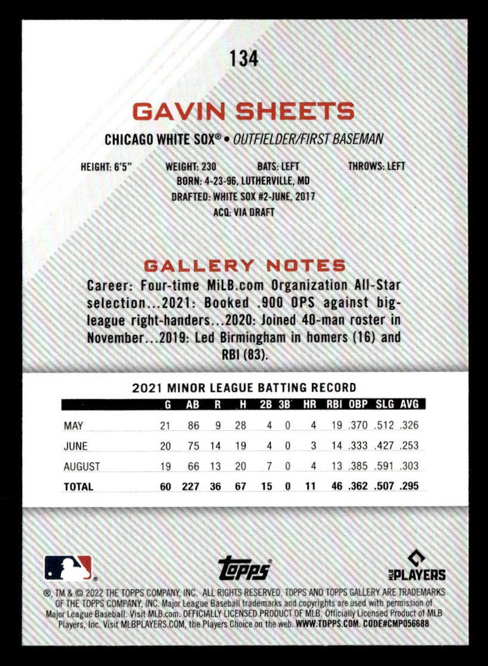 2022 Topps Gallery #134 Gavin Sheets Rookie Card Chicago White Sox | eBay