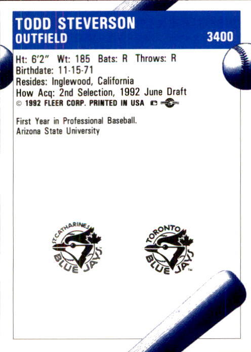 1992 St. Catharines Blue Jays Fleer/ProCards #3400 Todd Steverson ...