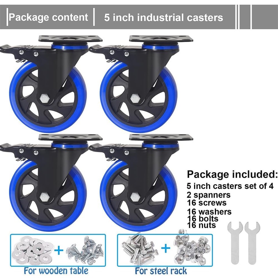 5 Inch Caster Wheels Casters Set 4 Heavy Duty Brake Safety Dual Locking ...