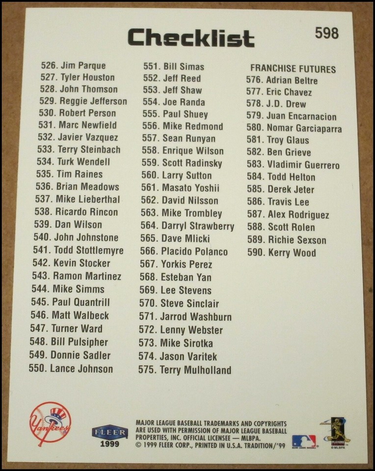 1999 Fleer Tradition Derek Jeter Baseball Card Checklist #598 New York ...