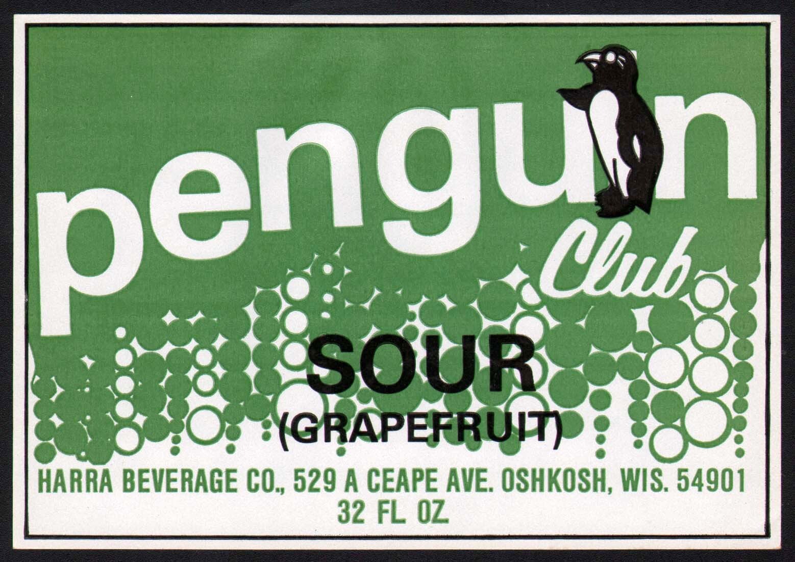 Vintage soda pop bottle label PENGUIN CLUB SOUR GRAPEFRUIT Oshkosh ...