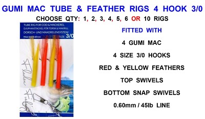 GUMI MAC TUBE RIG 4 HOOK 3/0 SEA FISHING LURES FOR COD POLLOCK MACKEREL ...