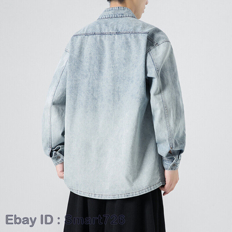 Men Casual Denim Jacket Mandarin Collar Frog Button Chinese Blouse ...