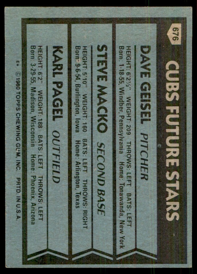 1980 TOPPS CUBS FUTURE STARS - DAVE GEISEL/STEVE MACKO/KARL PAGEL ...