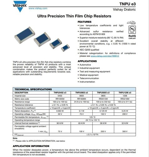 1x TNPU0603100RAZEN00 100R 0.05% 1/10W 5ppm 100ohms Thin Film Resistors ...