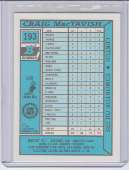 1990-91 Bowman Collector's Edition Tiffany #193 Craig MacTavish ...
