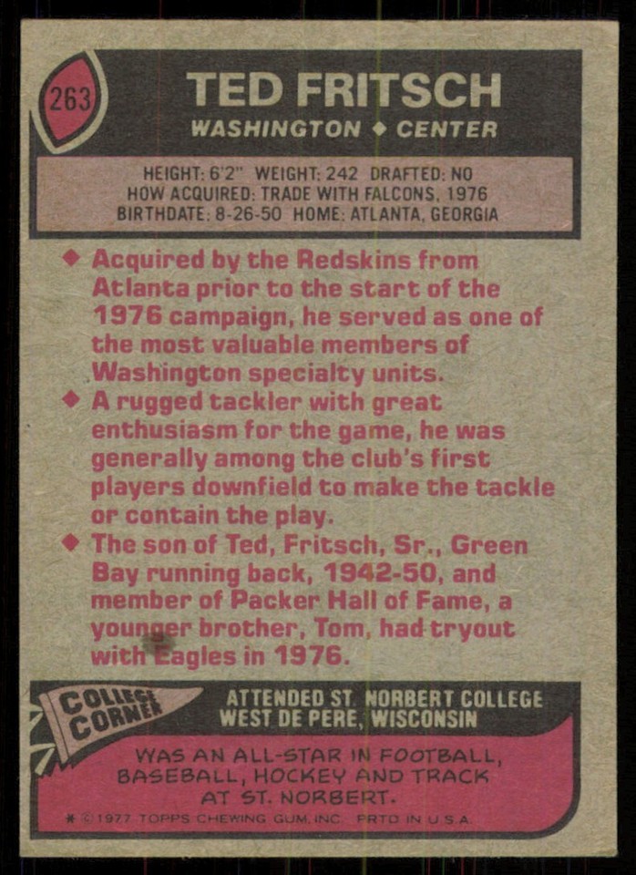 1977 TOPPS TED FRITSCH JR. WASHINGTON REDSKINS #263 EX | eBay