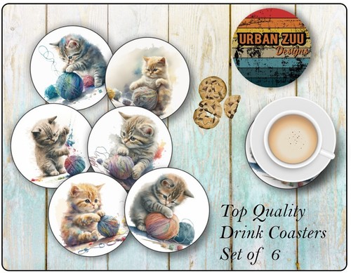 Cute Kitten / Cat Playing with Wool Coasters- Drink Coasters set of 6 ...