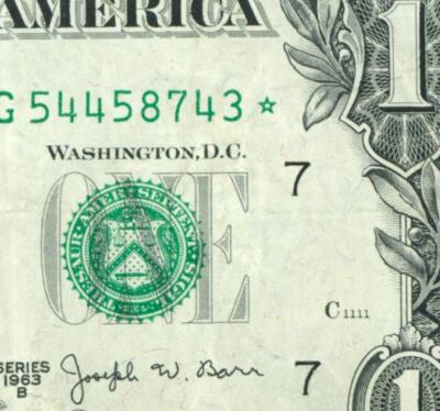 ** STAR ** $1 1963 B ((JOSEPH BARR)) Federal Reserve Note PAPER ...