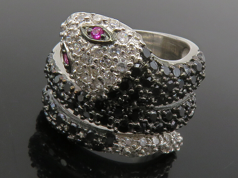 925 Sterling Silver - Black Hematite & Topaz Snake Band Ring Sz 6 ...