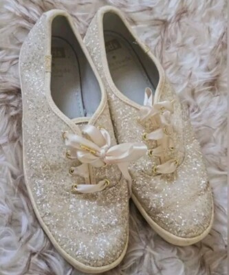 KATE SPADE KEDS Glitter Canvas Celebration Sneakers Bride Prom Ribbon ...