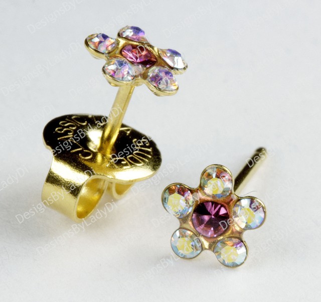 Rainbow Crystal Daisy Flower Gold Studs Ear Piercing Earrings Studex ...