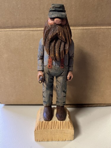 Wood Hand Carved Bearded Man Hillbilly Suspenders and Gun 1975 | eBay