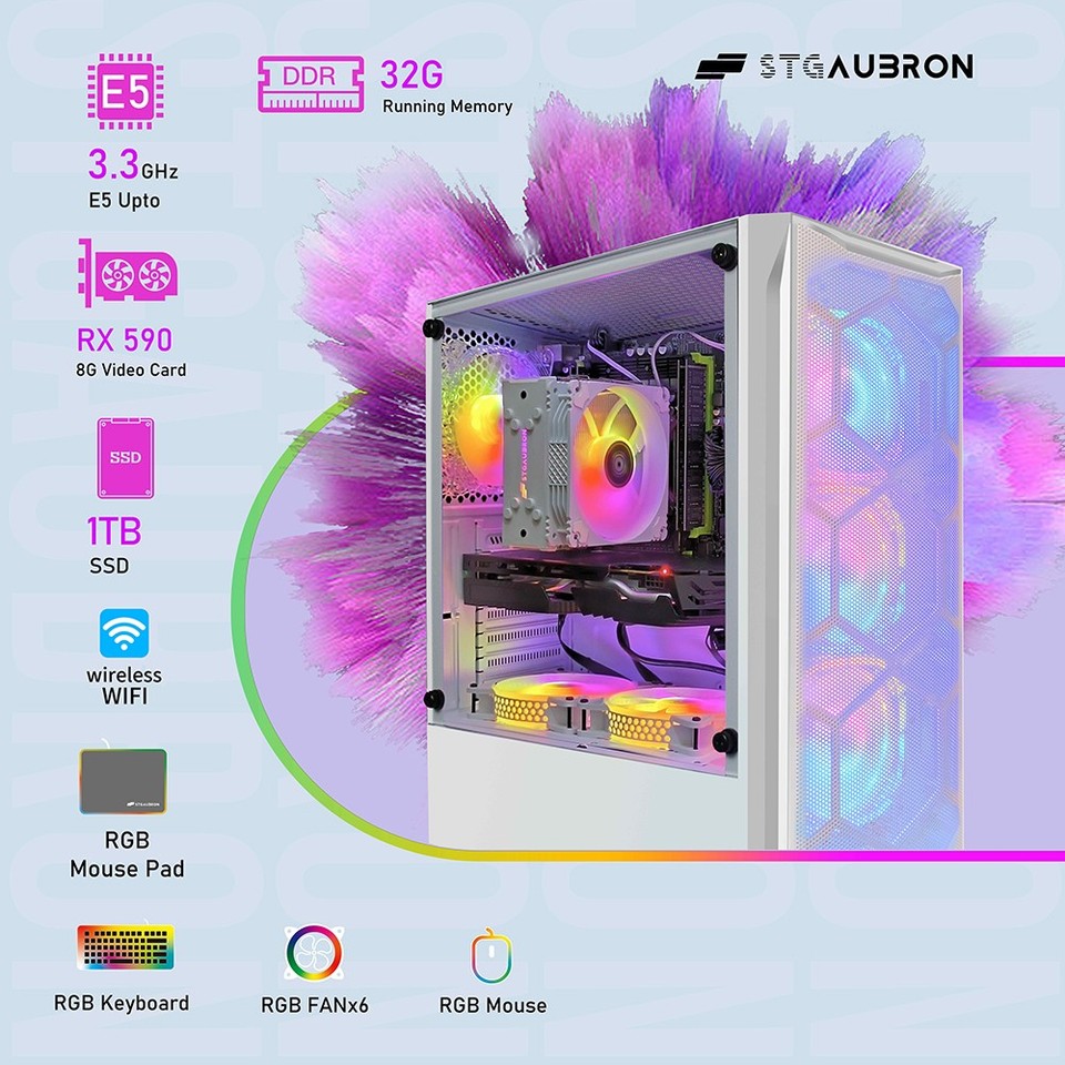 STGAubron Gaming Desktop Xeon E5 RX 590 8GB, 32GB RAM 1TB SSD WiFi BT ...