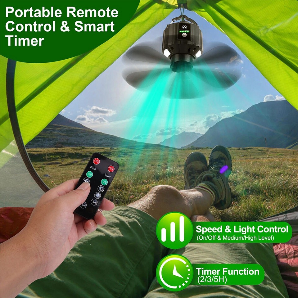 Portable Ceiling Fans with Remote Control Power Bank Tents Camping Fan ...