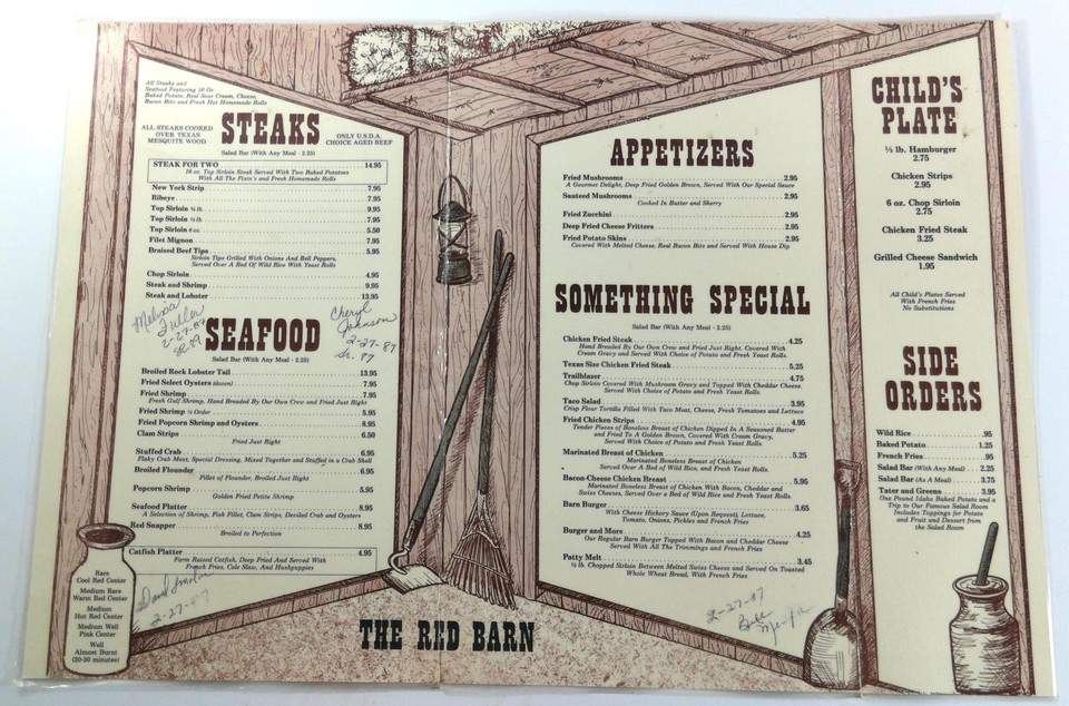 1987 THE RED BARN Restaurant Original Vintage Menu Large & Laminated | eBay