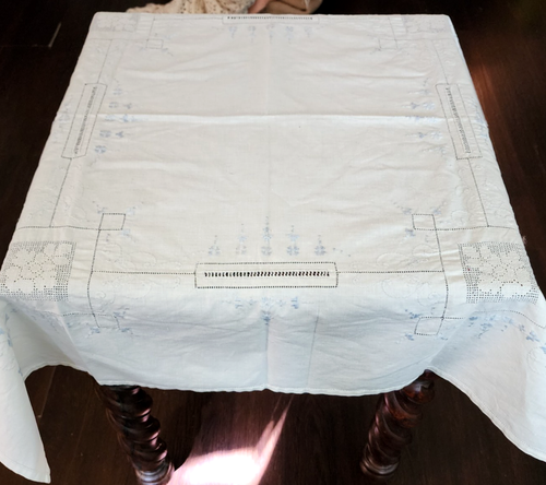 Antique 1920s Square Tablecloth Hand Embroidered White Blue Flowers 33. ...