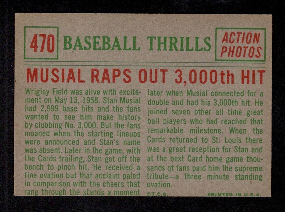 1959 Topps Baseball Card #470 BT Stan Musial Raps Out 3000th Hit EX *bb ...