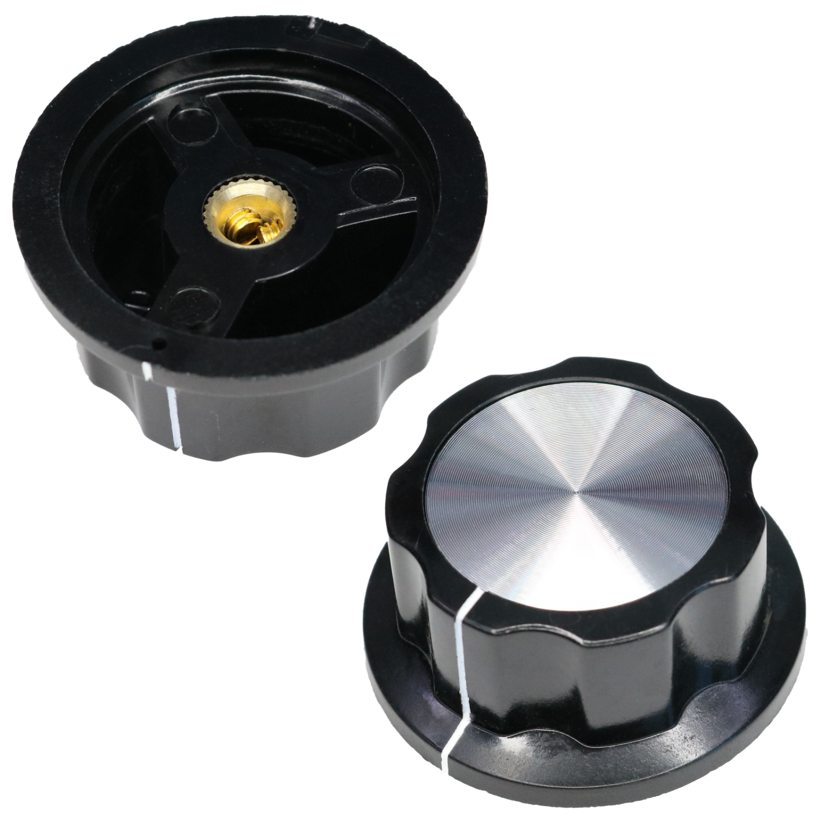 Large Fluted Rotary Control Knobs - Silver Metal Cap, Grub Screw Fixing ...