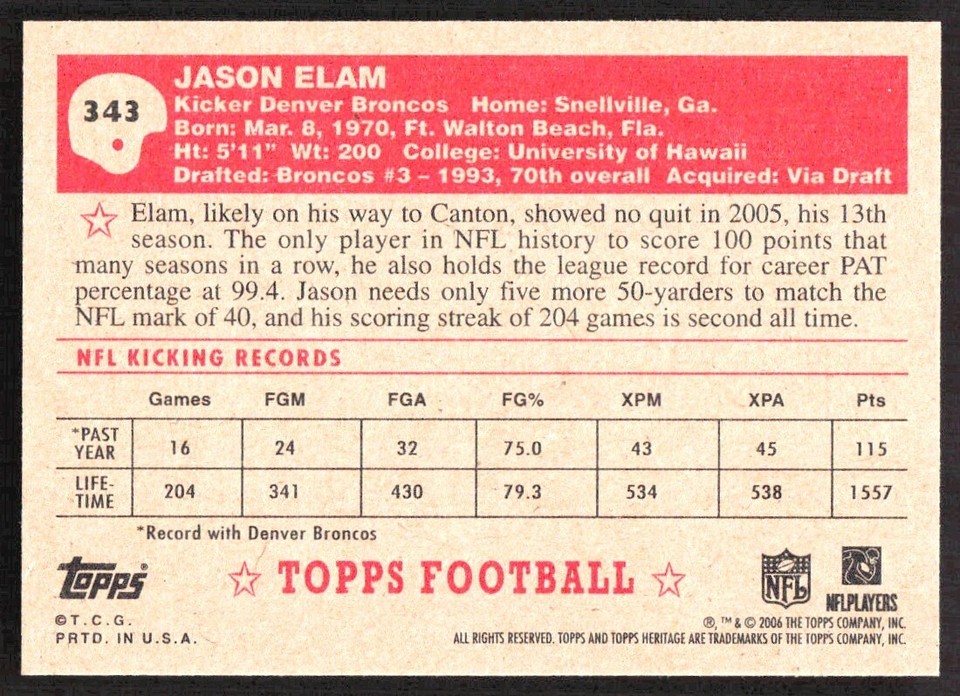 2006 1295A Topps Heritage Jason Elam Denver Broncos #343 | eBay