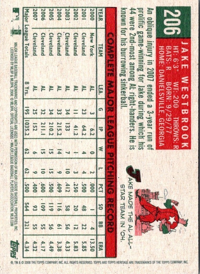 2008 Topps Heritage Jake Westbrook #206 Cleveland Indians Baseball Card ...