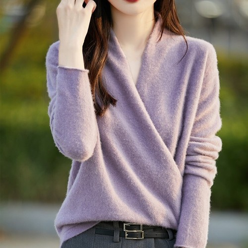 Women's Wool-Like Sweater Chest-Wrapped V-Neck Knitted Jumpers Tops | eBay