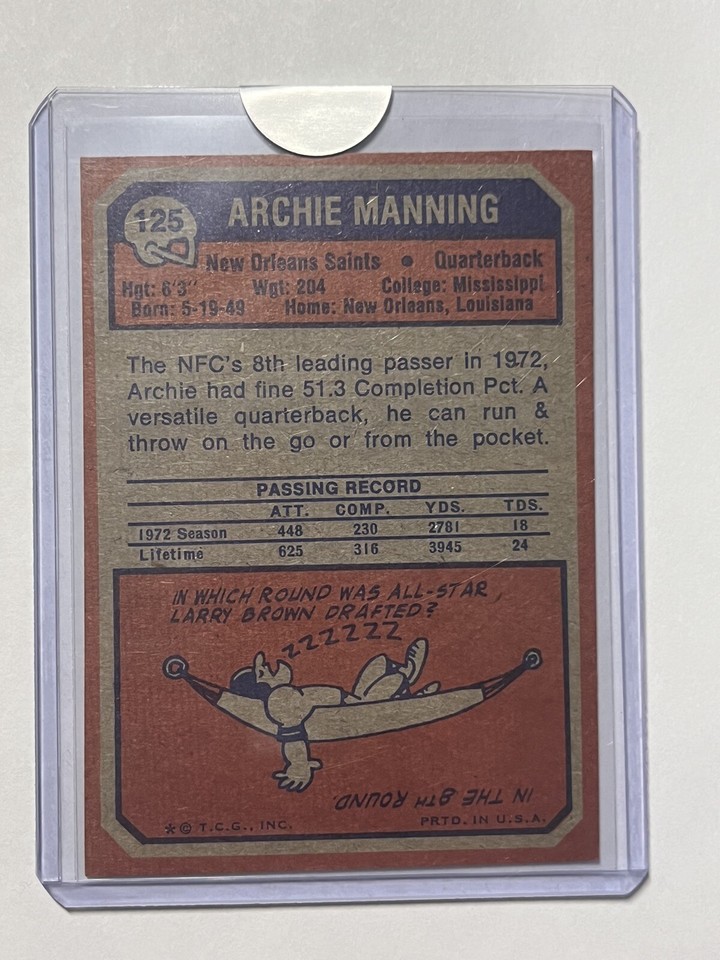 1973 Topps Archie Manning Football Card #125 New Orleans Saints VG/EX ...