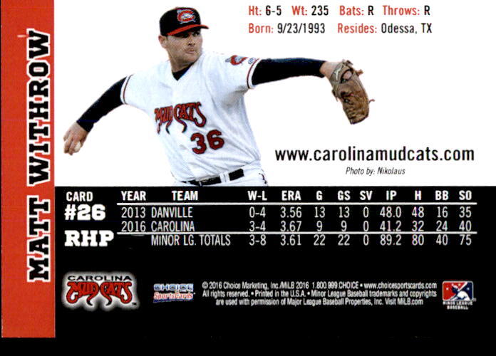 2016 Carolina Mudcats Choice #26 Matt Withrow Odessa Texas TX Baseball ...