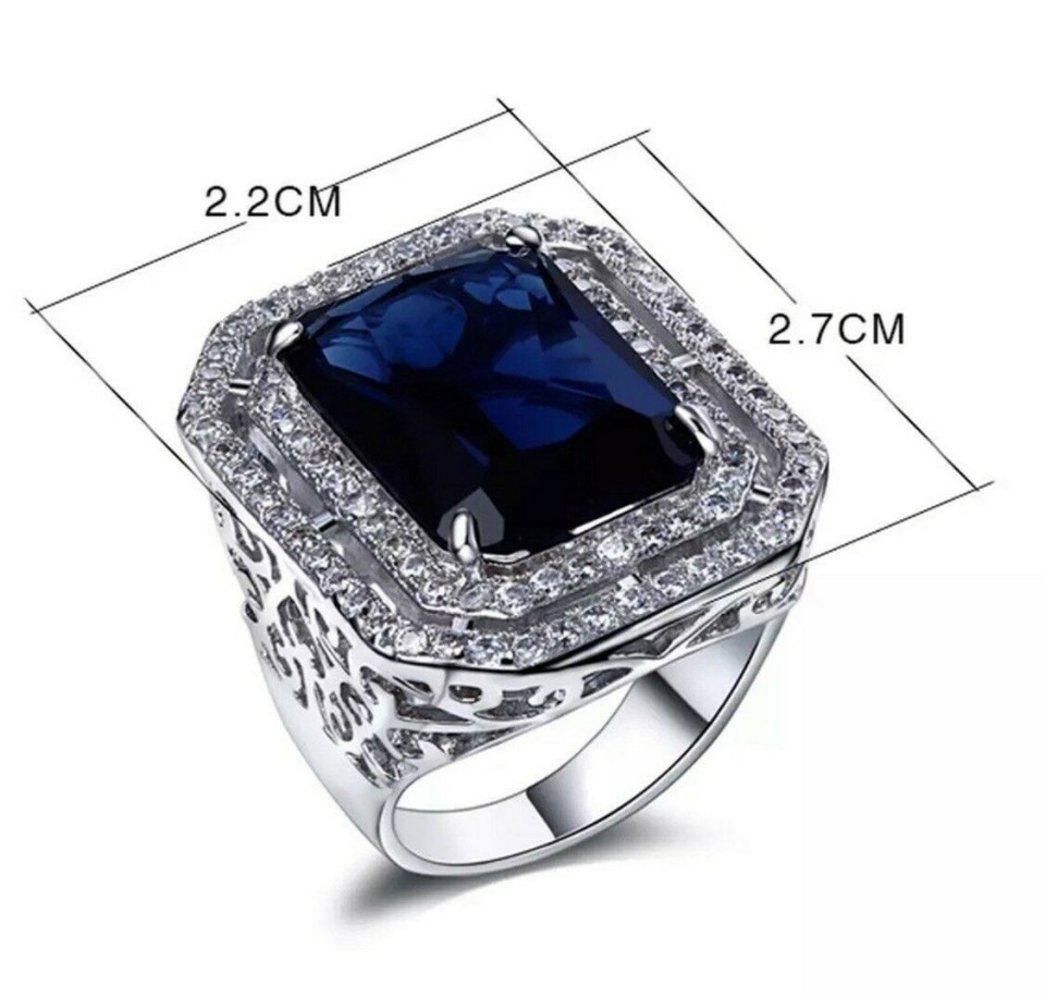 Lab-Created Blue Sapphire Big Large Square Ring 18k White Gold Filled ...