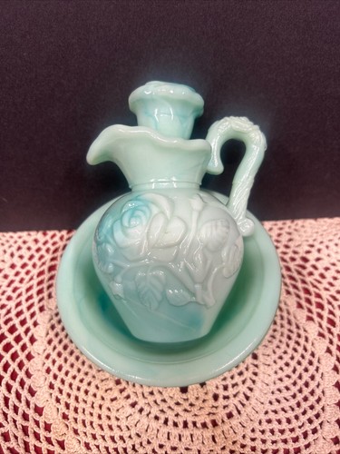 Mini Vintage Avon Green milk glass pitcher bowl soap dish Perfume ...