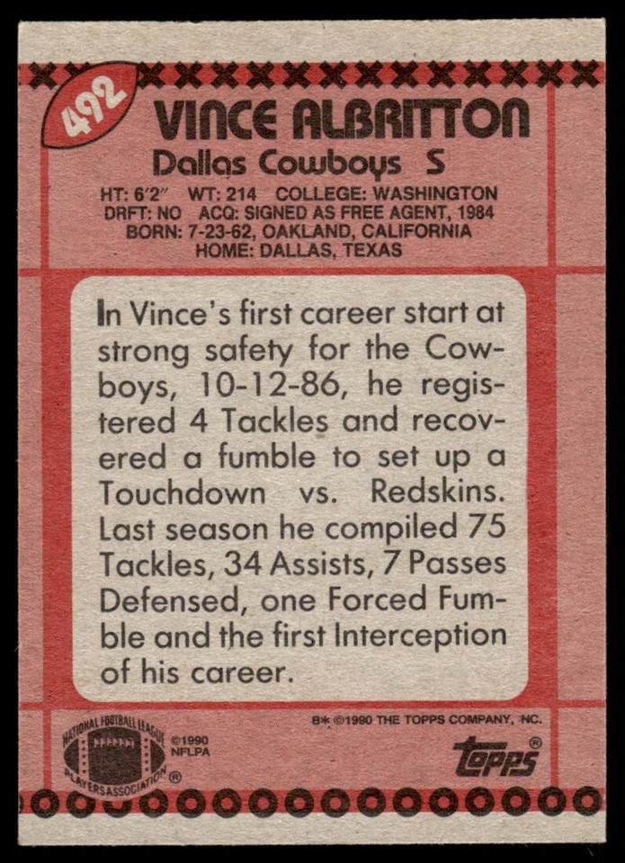 1990 Topps #492 Vince Albritton Dallas Cowboys | eBay