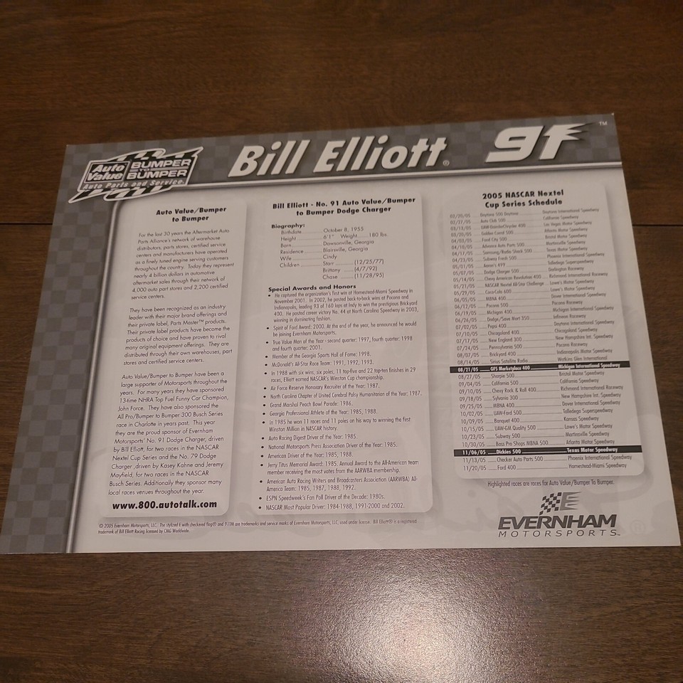 Nice 2005 Bill Elliott #91 Evernham Motorsports Auto Value 8.5×11" Hero ...