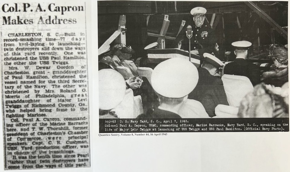 COLONEL US MARINE CORPS CHIEF QUANTICO CAPRON LETTER SIGNED SHIP "CROOK ...