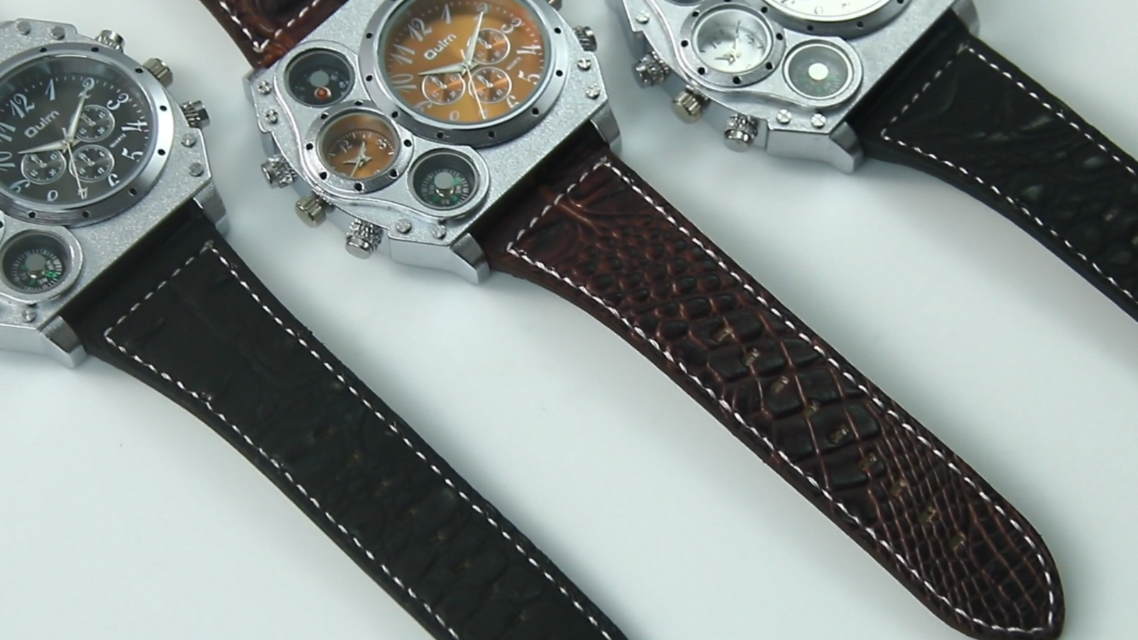 Men's Sport Army Multi-functional 2 Time Zones Dial Leather Quartz ...