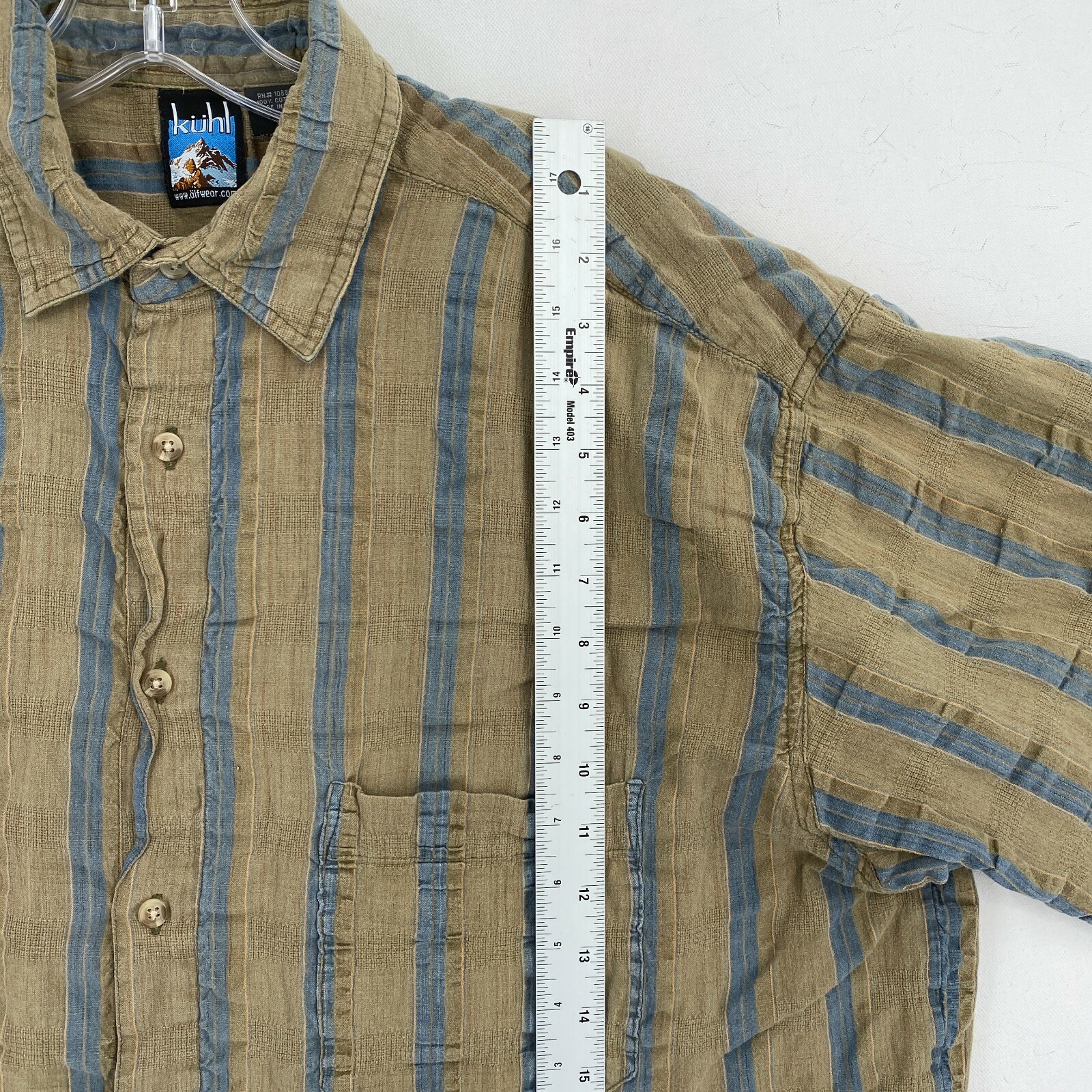 Kuhl Button Up Short Sleeve Shirt Mens XL Beige Blue Striped Gauze vtg ...