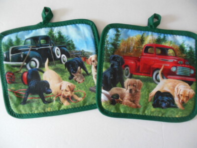 1 handcrafted potholder, Vintage Trucks and Puppies, NEW, 8"x 8" | eBay