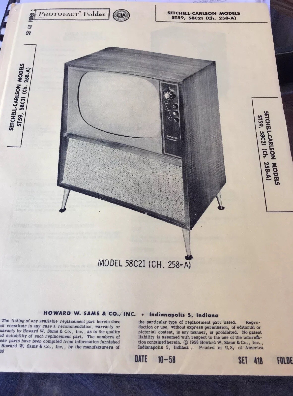 (1) Sam's photo fact Setchell-Carlson TV Models ST59, 58C21 (Ch. 258-A ...